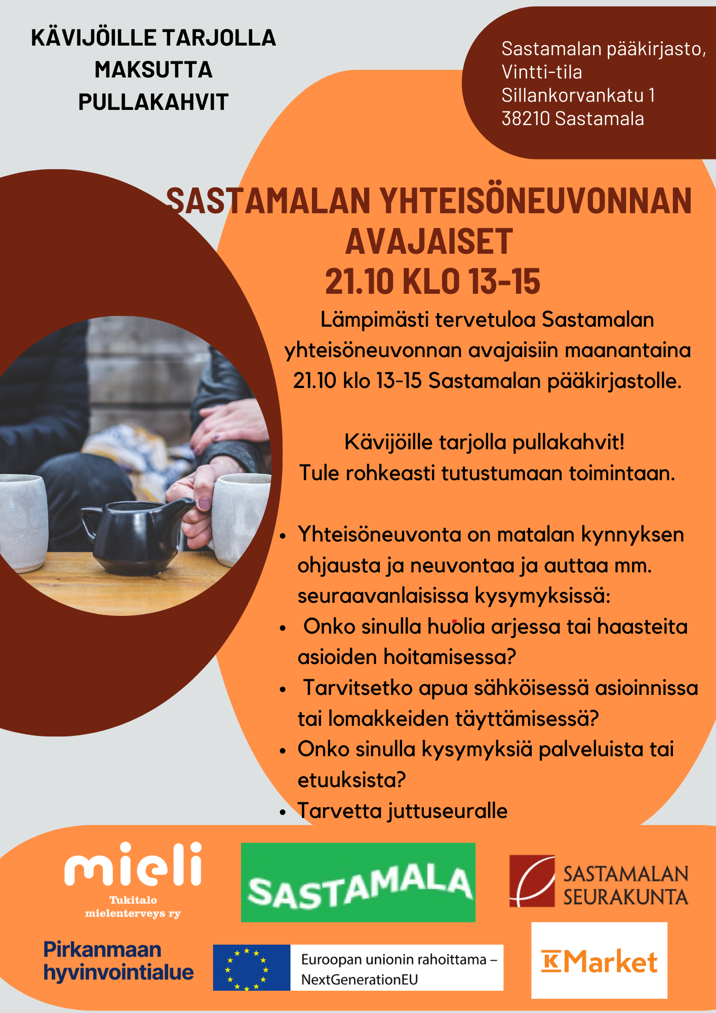 Yhteisöneuvonta aloittaa Sastamalassa - avajaiset 21.10.2024 klo 13-15 Sastamalan pääkirjastolla ...